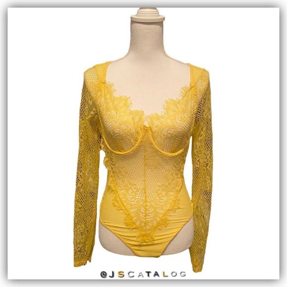 Celebrity | Tops | New Celebritylace Sheer Bodysuit Top In Yellow Size ...